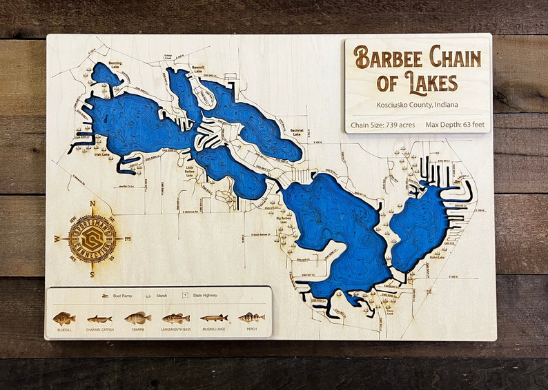 Barbee Chain of Lakes kosciusko & Whitley Co, IN Wooden Engraved Map ...
