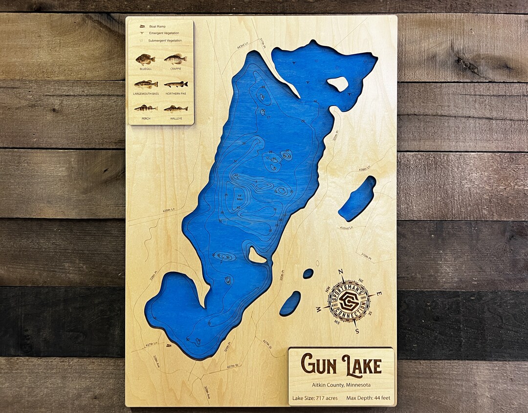 Gun Lake aitkin Co, MN Wooden Engraved Map, Wall Art, Home Décor, Lake ...