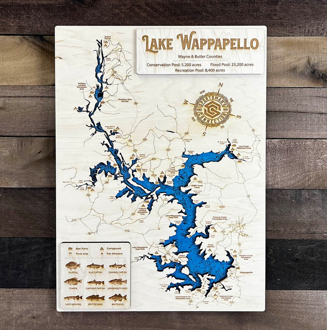 Wappapello Lake wayne Co Missouri Wooden Engraved Map - Etsy