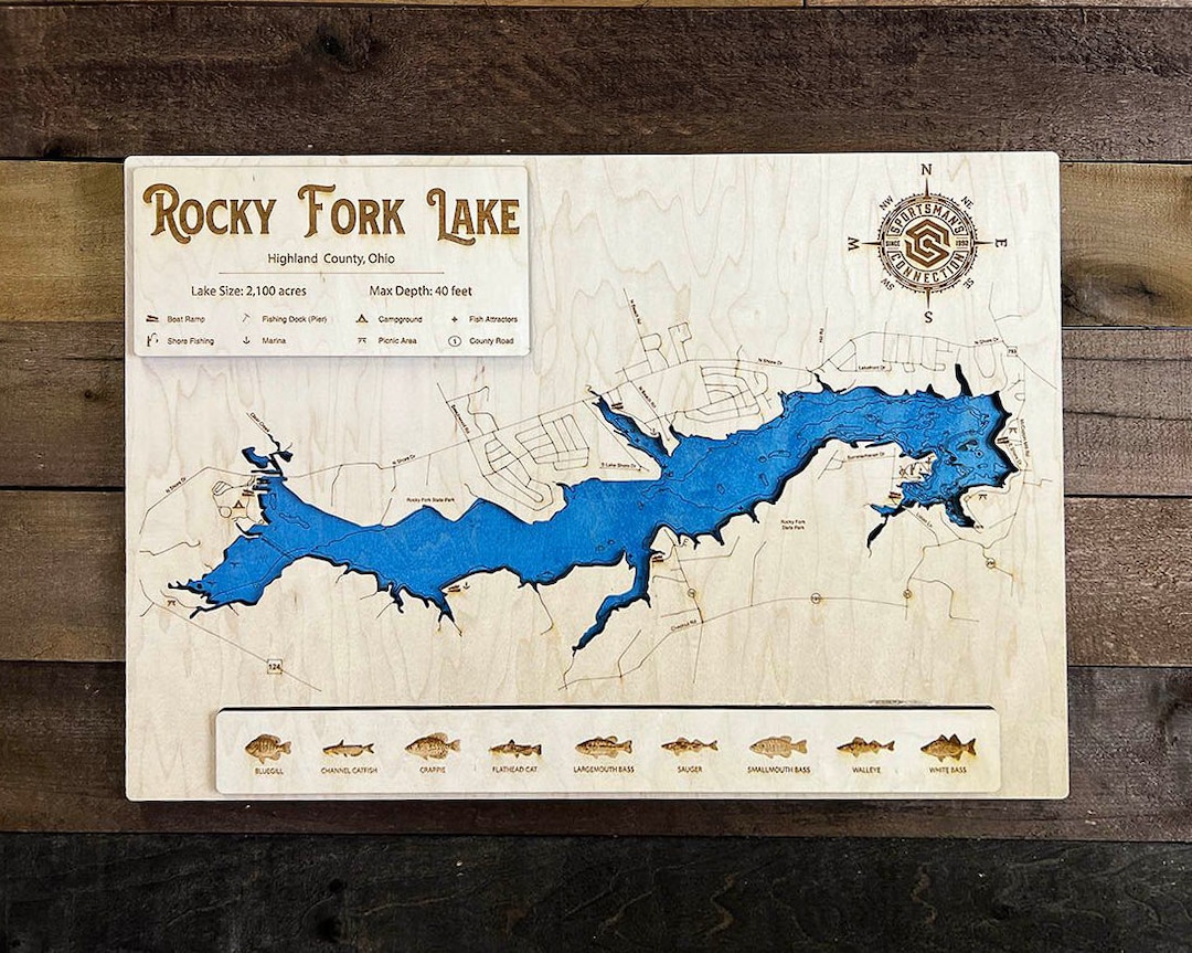 Rocky Fork Lake highland Co, OH Wooden Engraved Map, Wall Art, Home ...