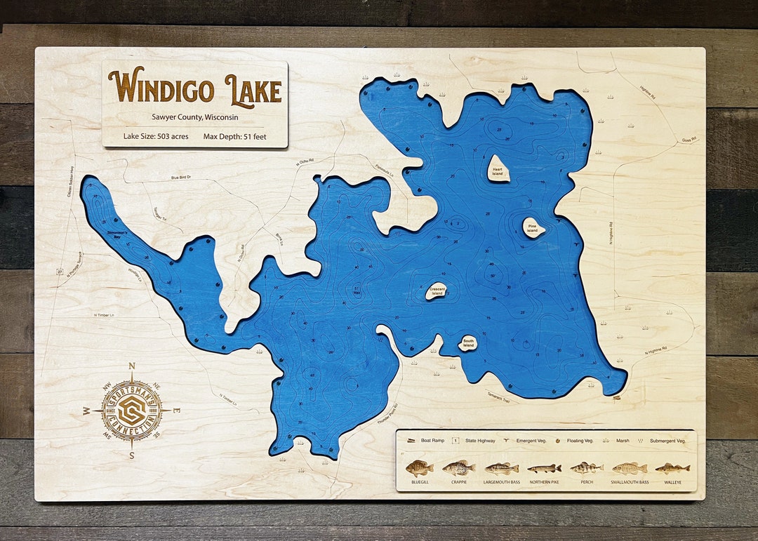 Windigo Lake sawyer Co, WI Wooden Engraved Map, Wall Art, Home Décor ...