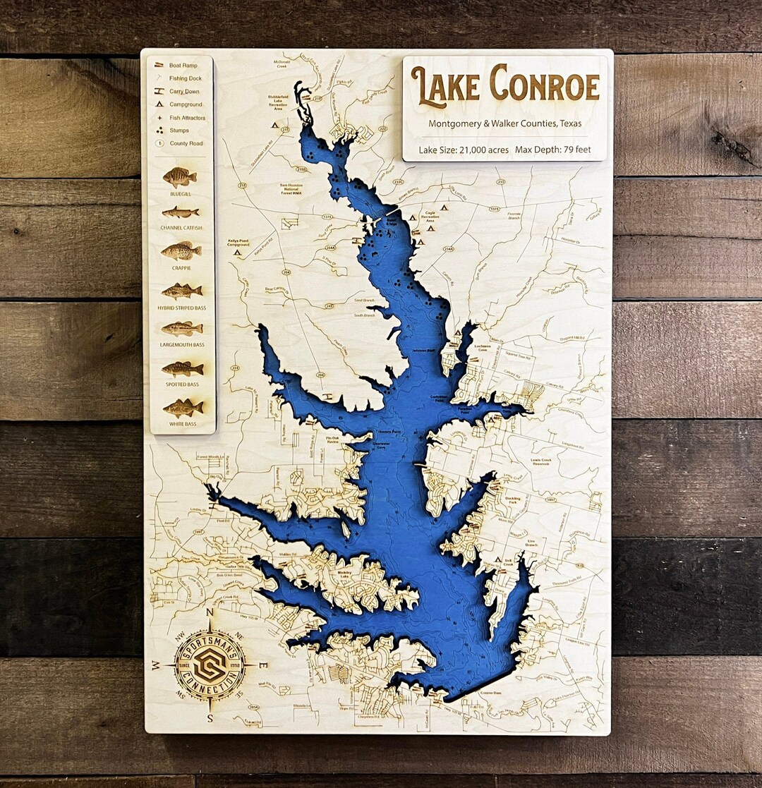 Conroe Lake montgomery and Walker Co, TX Wooden Engraved Map, Wall Art ...
