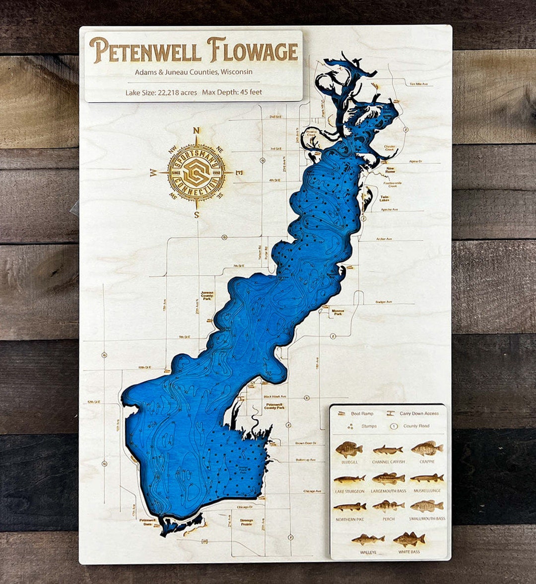 Petenwell Flowage adams / Juneau Co, WI Wooden Engraved Map, Wall Art ...
