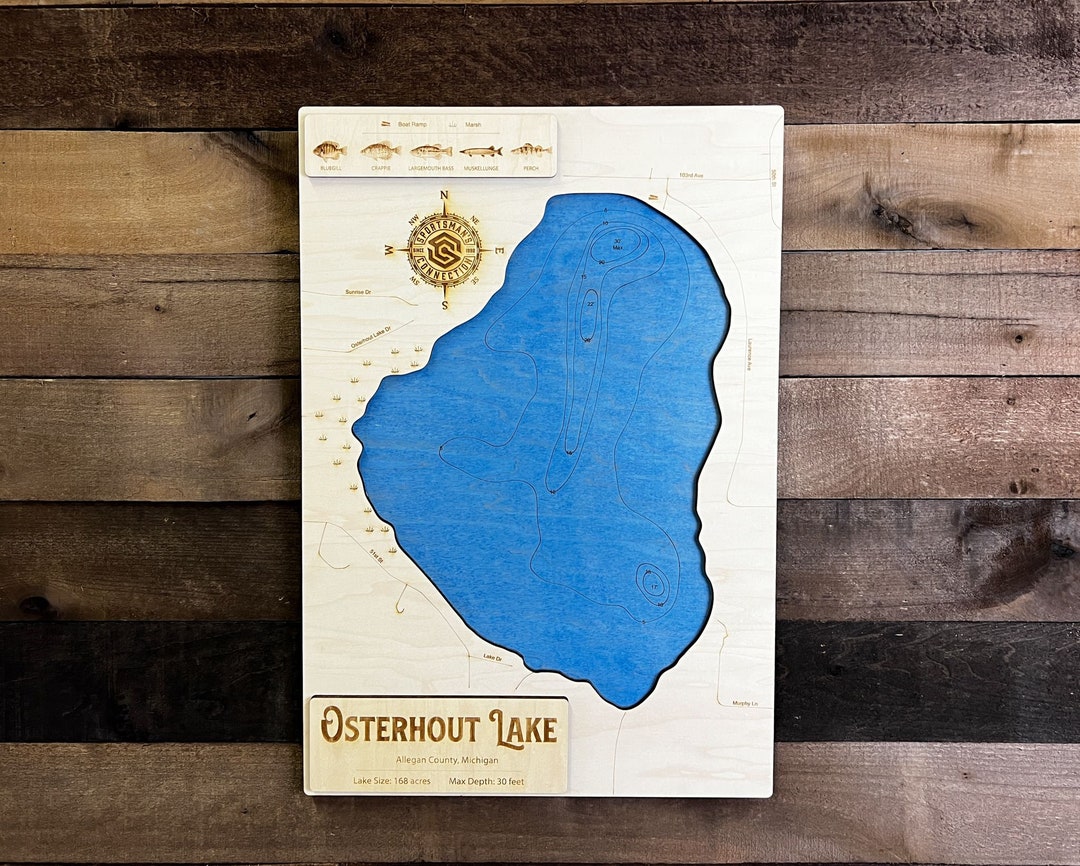 Osterhout Lake allegan Co, MI Wooden Engraved Map, Wall Art, Home Décor ...
