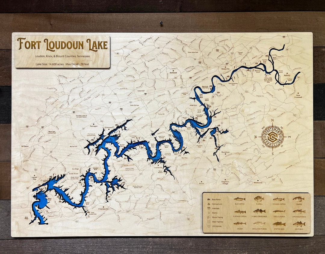 Fort Loudoun Lake blount, Knox, Loudon Co, TN Wooden Engraved Map, Wall ...