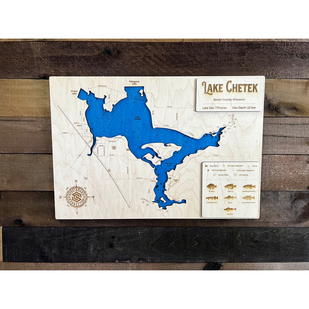 Lake Chetek barron Co WI Wooden Engraved Map Wall Art - Etsy