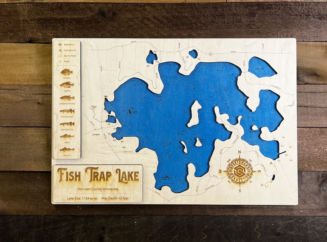 Fish Trap Lake morrison Co, MN Wooden Engraved Map, Wall Art, Home ...