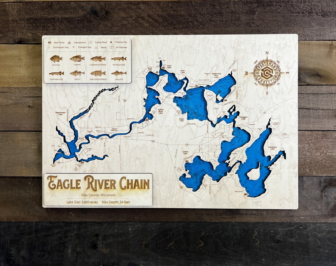 Eagle River Chain Lake vilas, Sevier Co, Wisconsin Wooden Engraved Map ...