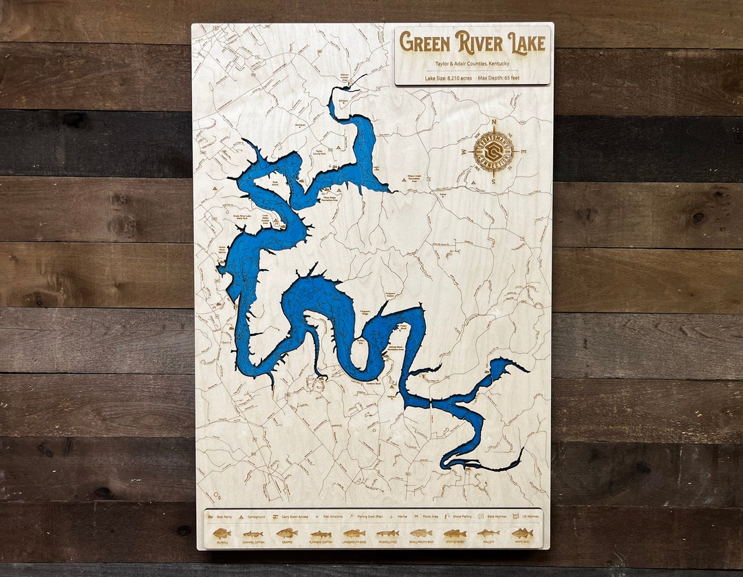 Green River Lake taylor & Adair Co, KY Wooden Engraved Map, Wall Art ...