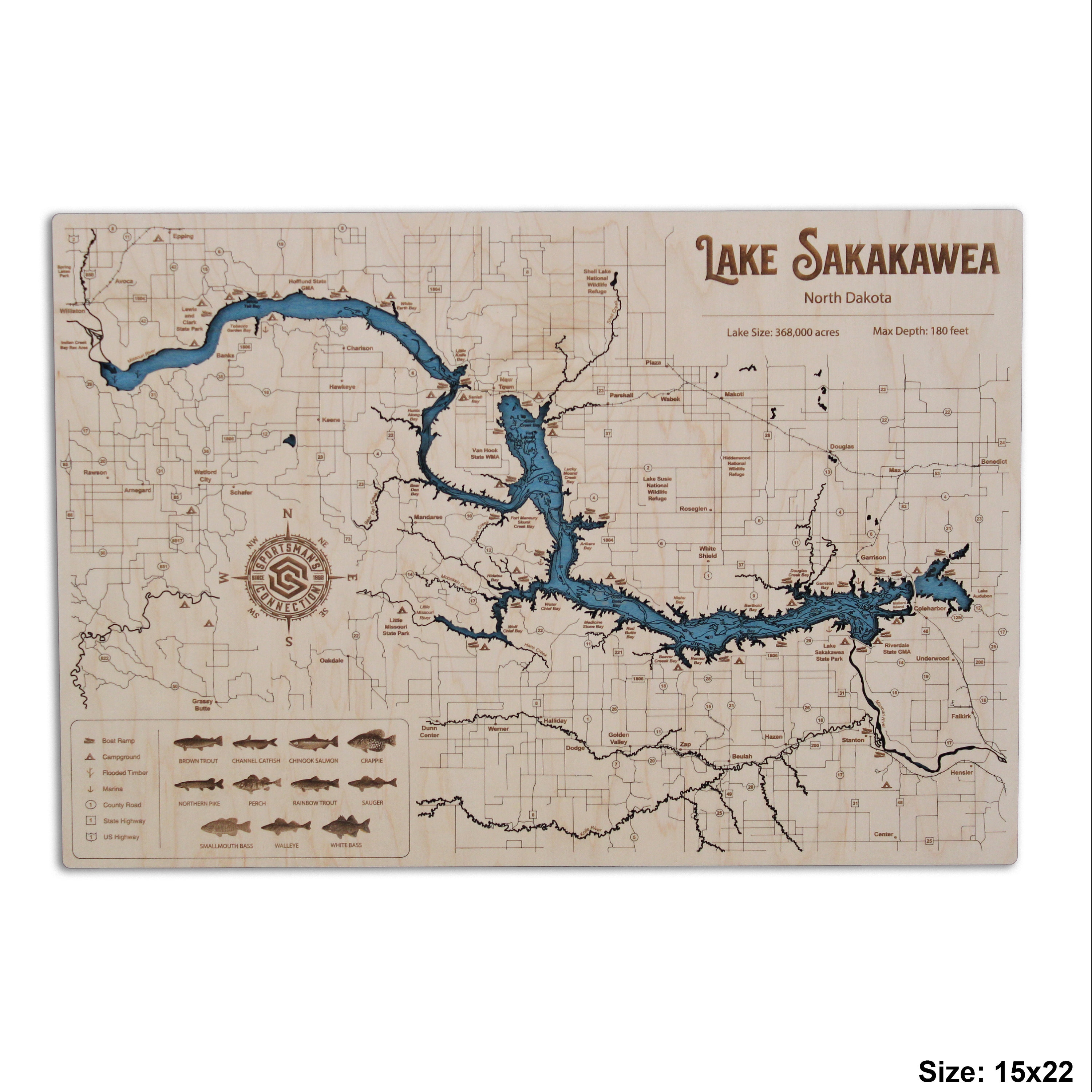 Sakakawea Lake multiple Counties, ND Wooden Engraved Map, Wall Art ...