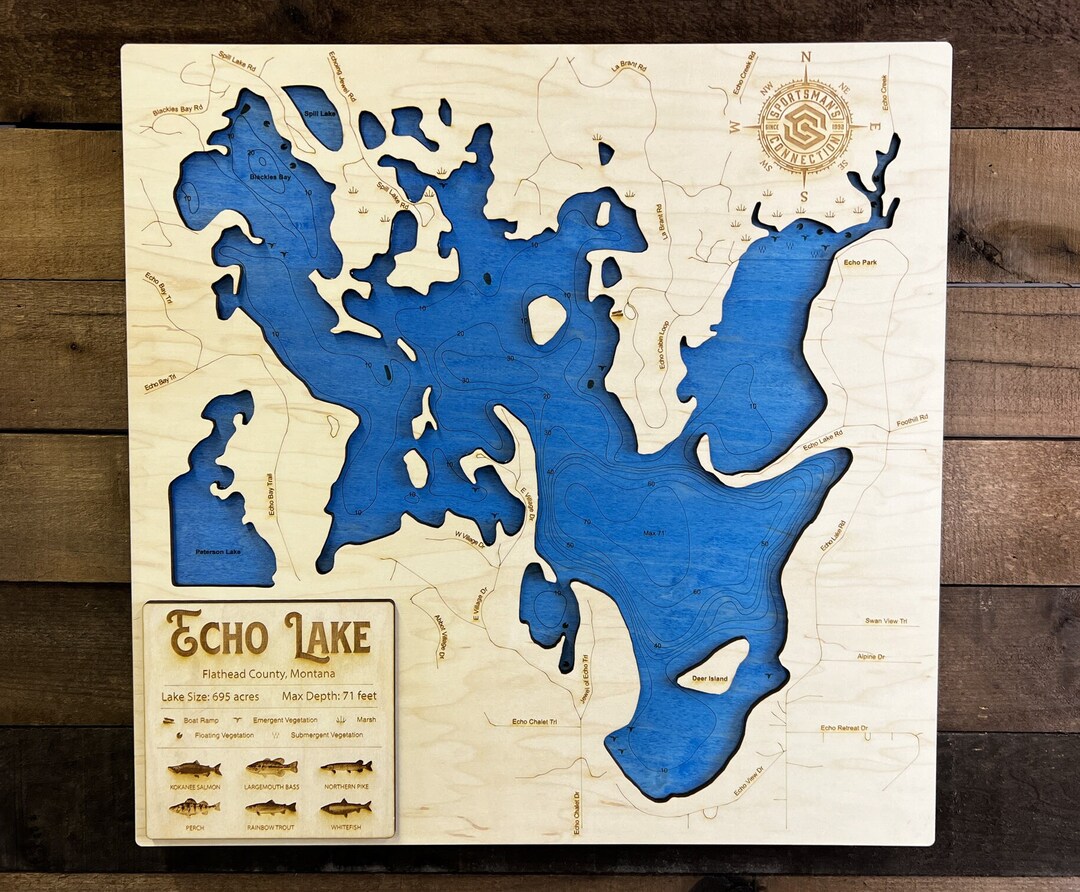 Echo Lake flathead Co, MT Wooden Engraved Map, Wall Art, Home Décor ...