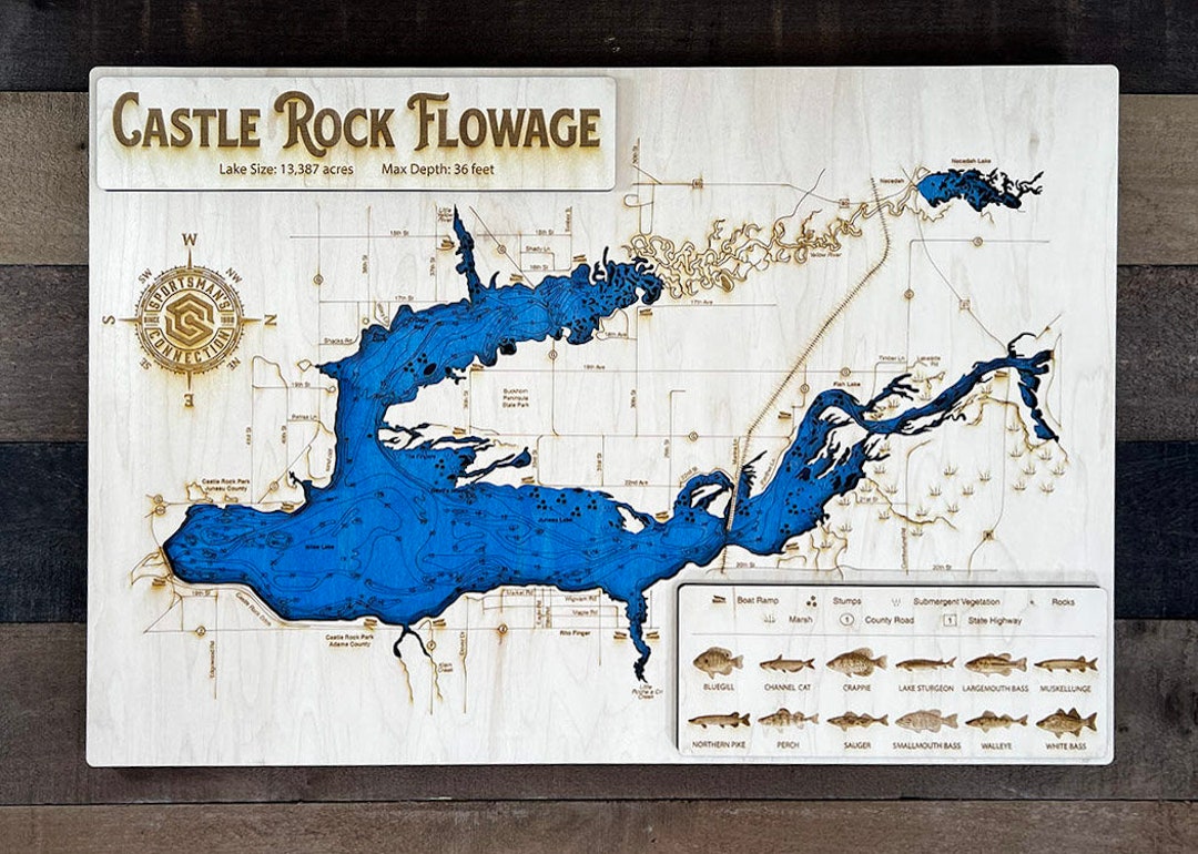 Castle Rock Lake adams & Juneau Co, WI Wooden Engraved Map, Wall Art ...
