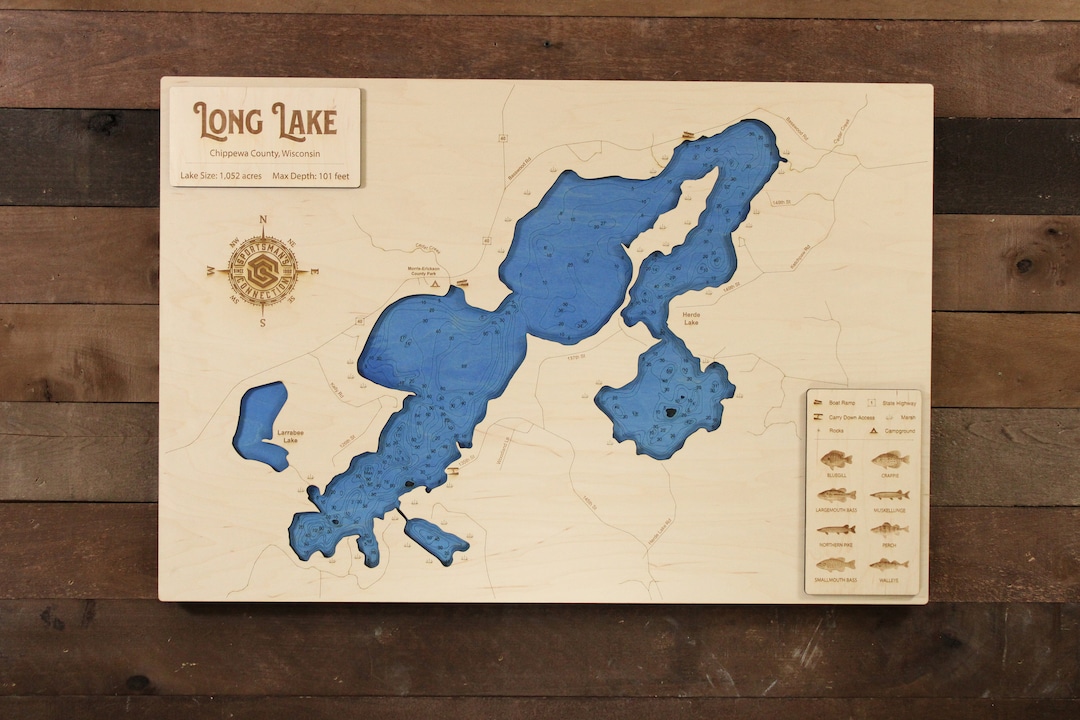 Long Lake chippewa Co, WI Wooden Engraved Map, Wall Art, Home Décor ...