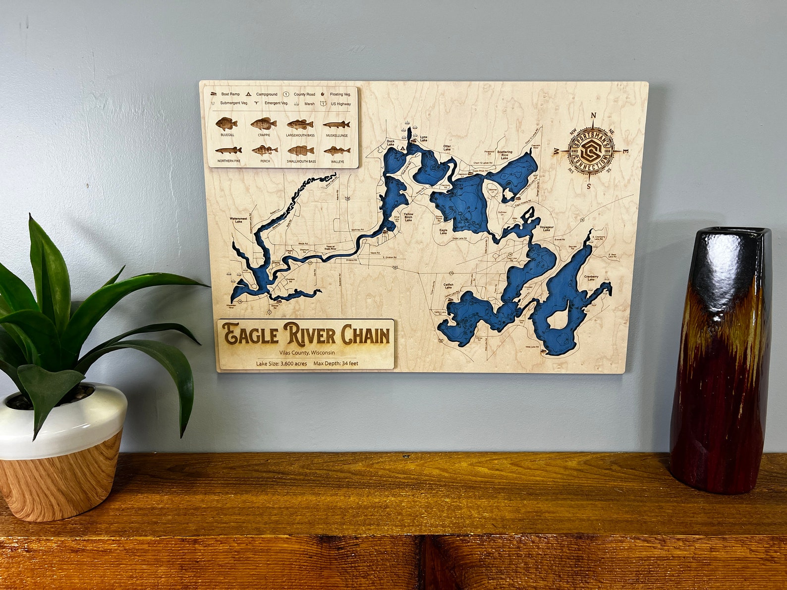 Eagle River Chain Lake vilas, Sevier Co, Wisconsin Wooden Engraved Map ...