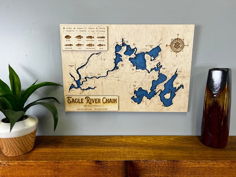 Eagle River Chain Lake vilas, Sevier Co, Wisconsin Wooden Engraved Map ...
