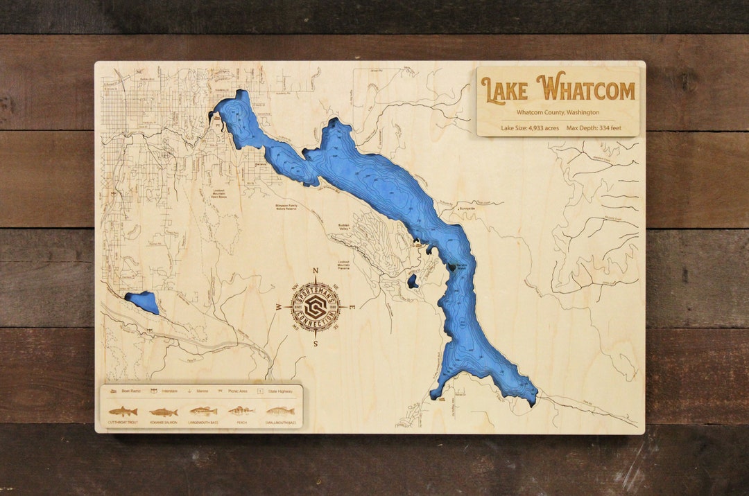 Lake Whatcom whatcom Co, WA Wooden Engraved Map, Wall Art, Home Décor ...