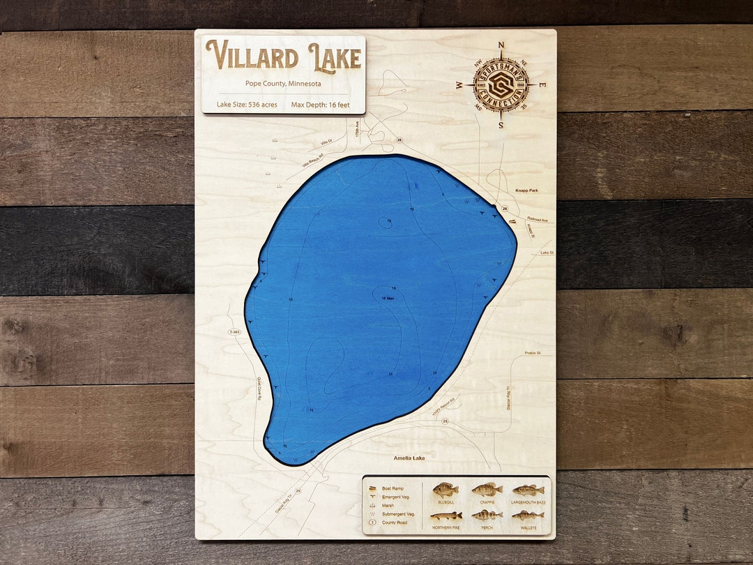 Villard Lake pope Co MN Wooden Engraved Map Wall Art - Etsy