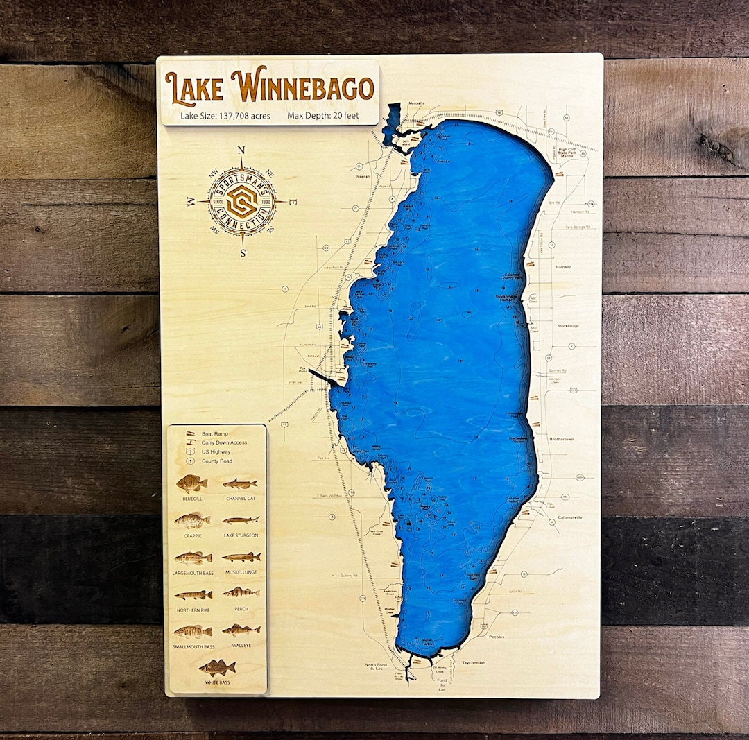 Winnebago Lake winnebago Co, WI Wooden Engraved Map, Wall Art, Home ...