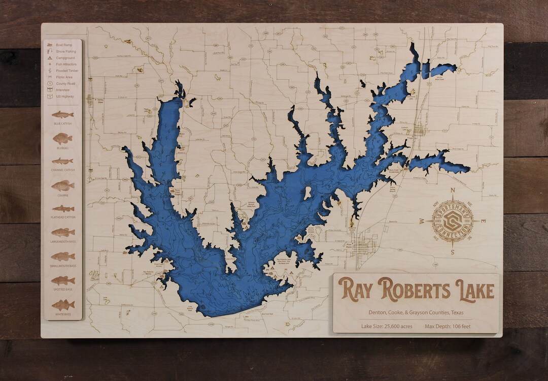 Ray Roberts Lake denton Co, TX Wooden Engraved Map, Wall Art, Home ...