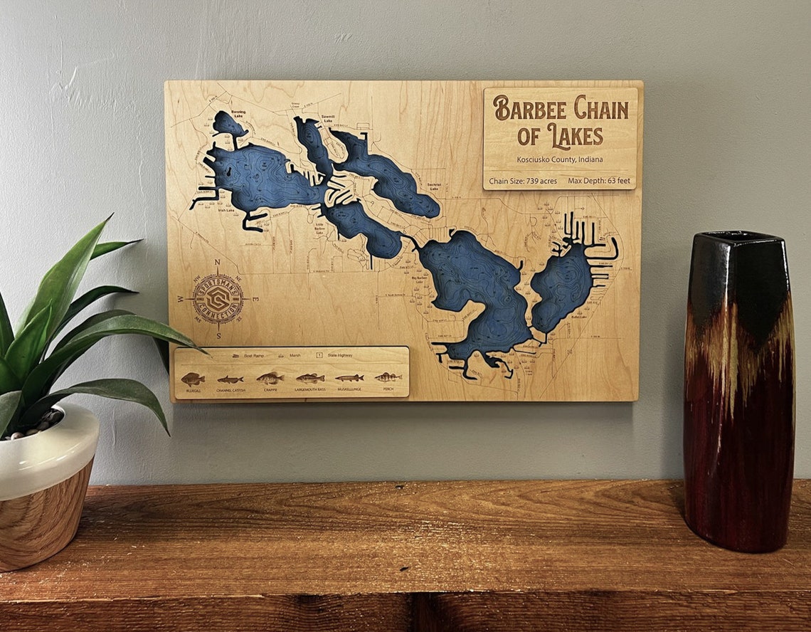Barbee Chain of Lakes kosciusko & Whitley Co, IN Wooden Engraved Map ...