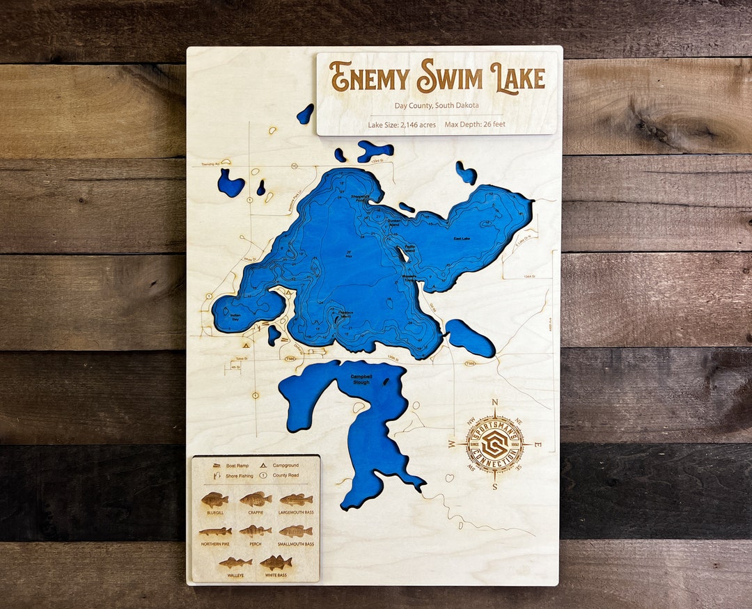 Enemy Swim Lake day Co, SD Wooden Engraved Map, Wall Art, Home Décor ...