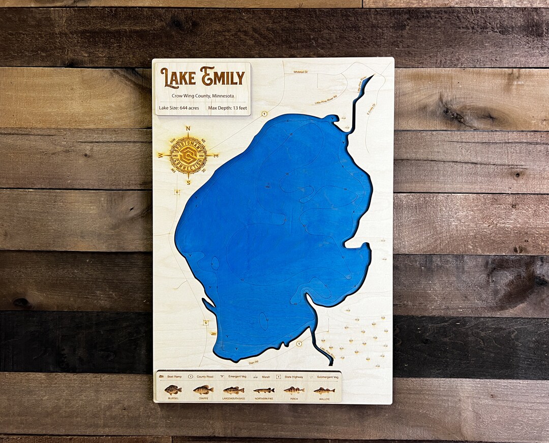 Lake Emily crow Wing Co, MN Wooden Engraved Map, Wall Art, Home Décor ...