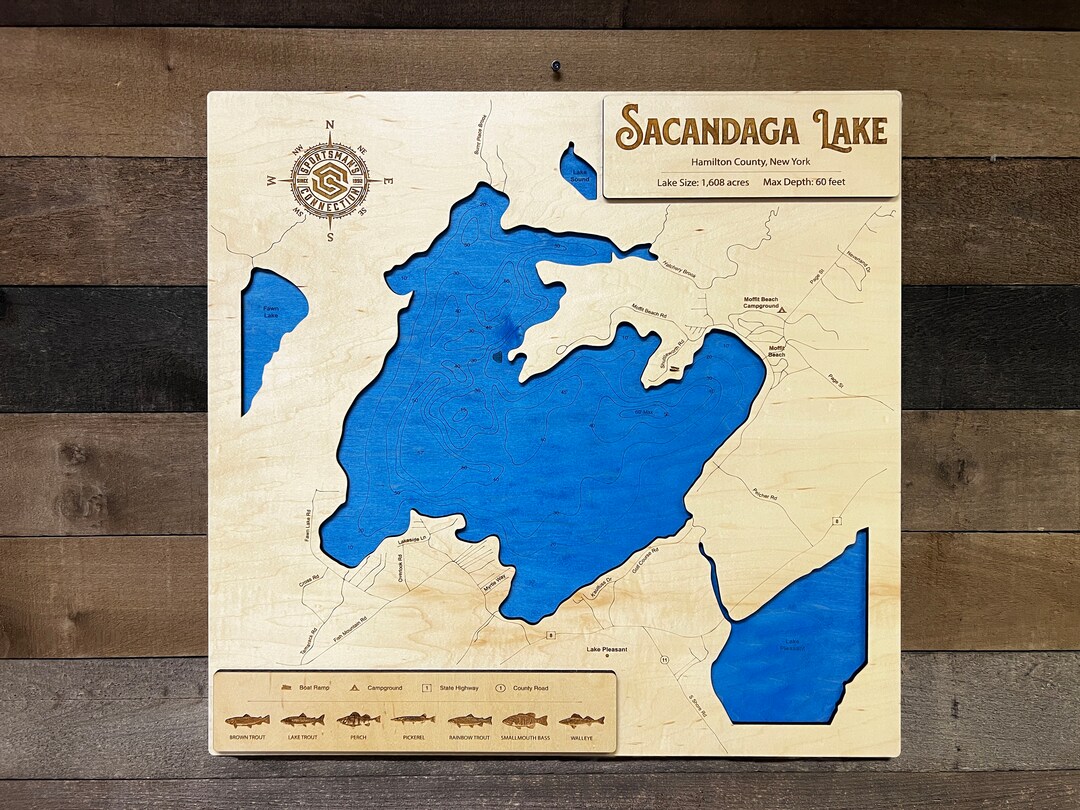 Sacandaga Lake hamilton Co, New York Wooden Engraved Map, Wall Art ...