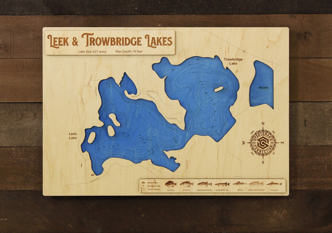 Leek & Trowbridge Lakes otter Tail Co, MN Wooden Engraved Map, Wall Art ...