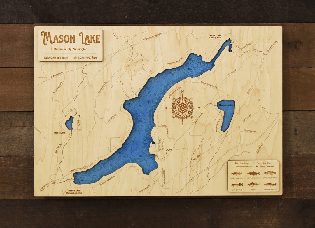 Mason Lake mason Co, Washington Wooden Engraved Map, Wall Art, Home ...