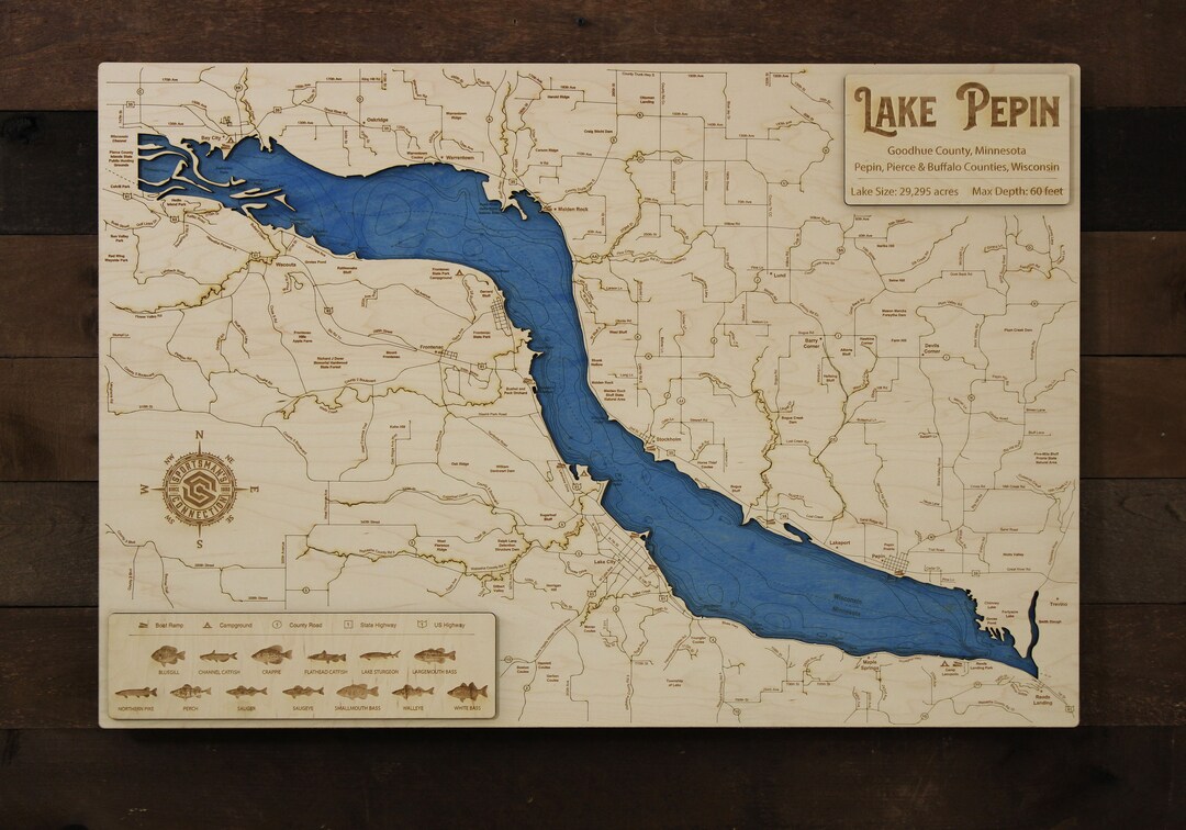 Pepin Lake pepin Co, WI Wooden Engraved Map, Wall Art, Home Décor, Lake ...