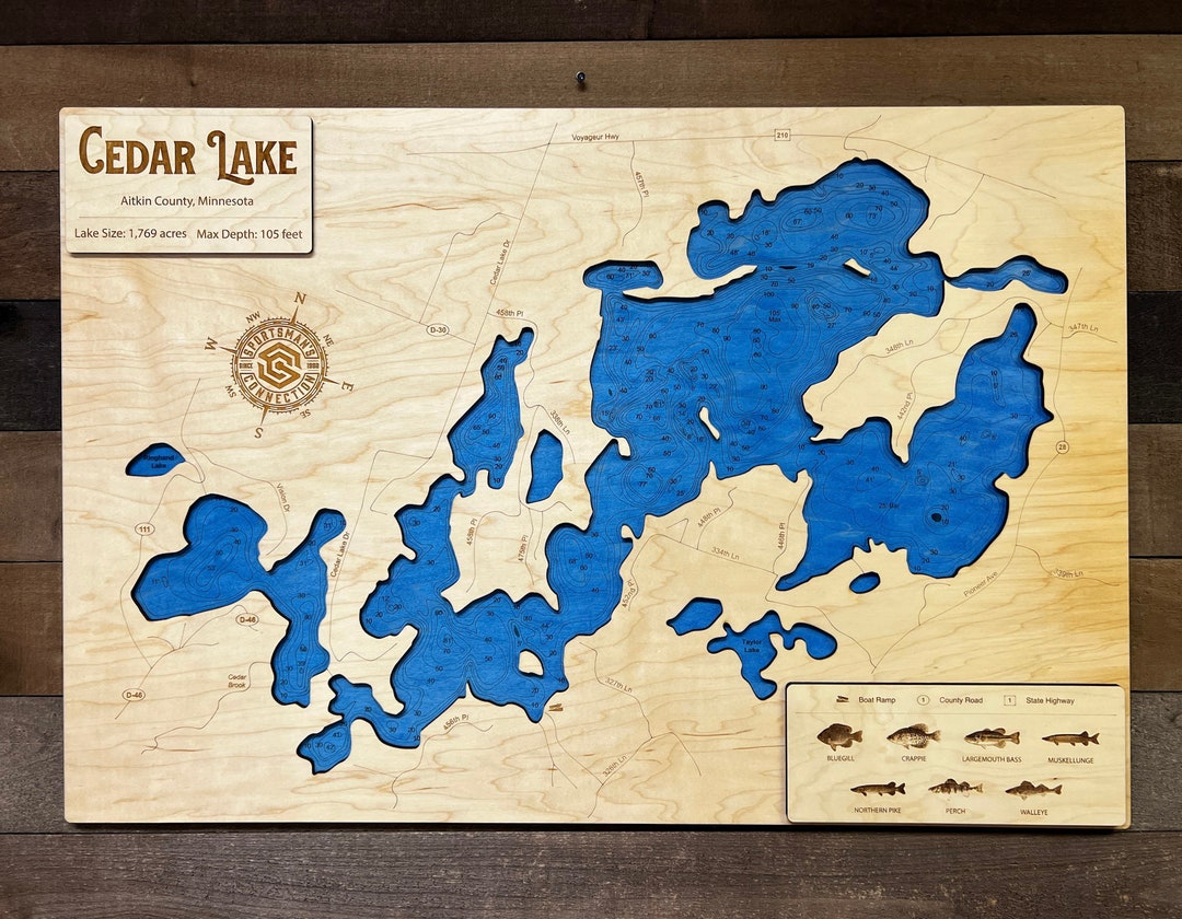 Cedar Lake aitkin Co, MN Wooden Engraved Map, Wall Art, Home Décor ...