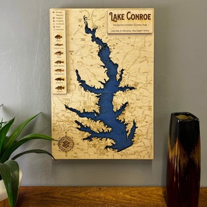 Conroe Lake montgomery and Walker Co, TX Wooden Engraved Map, Wall Art ...