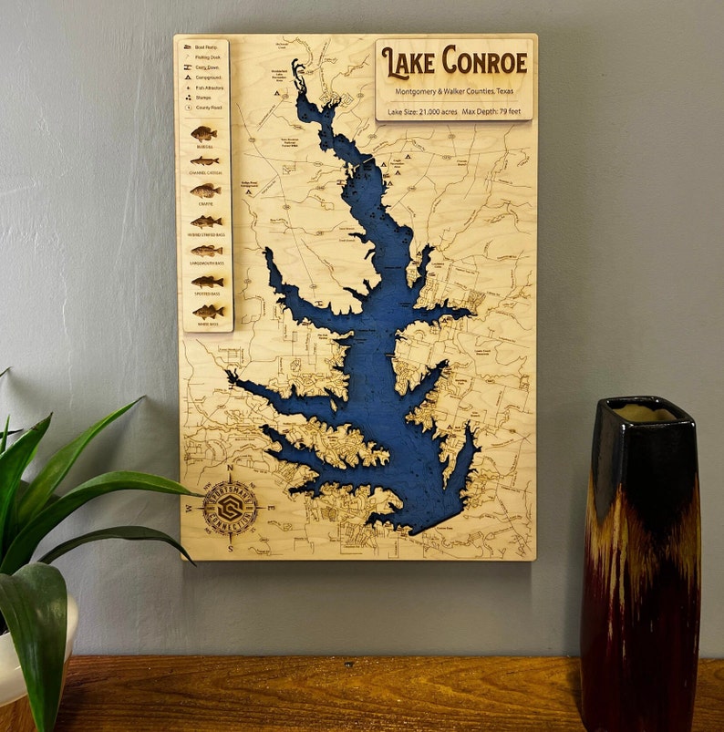 Conroe Lake montgomery and Walker Co, TX Wooden Engraved Map, Wall Art ...
