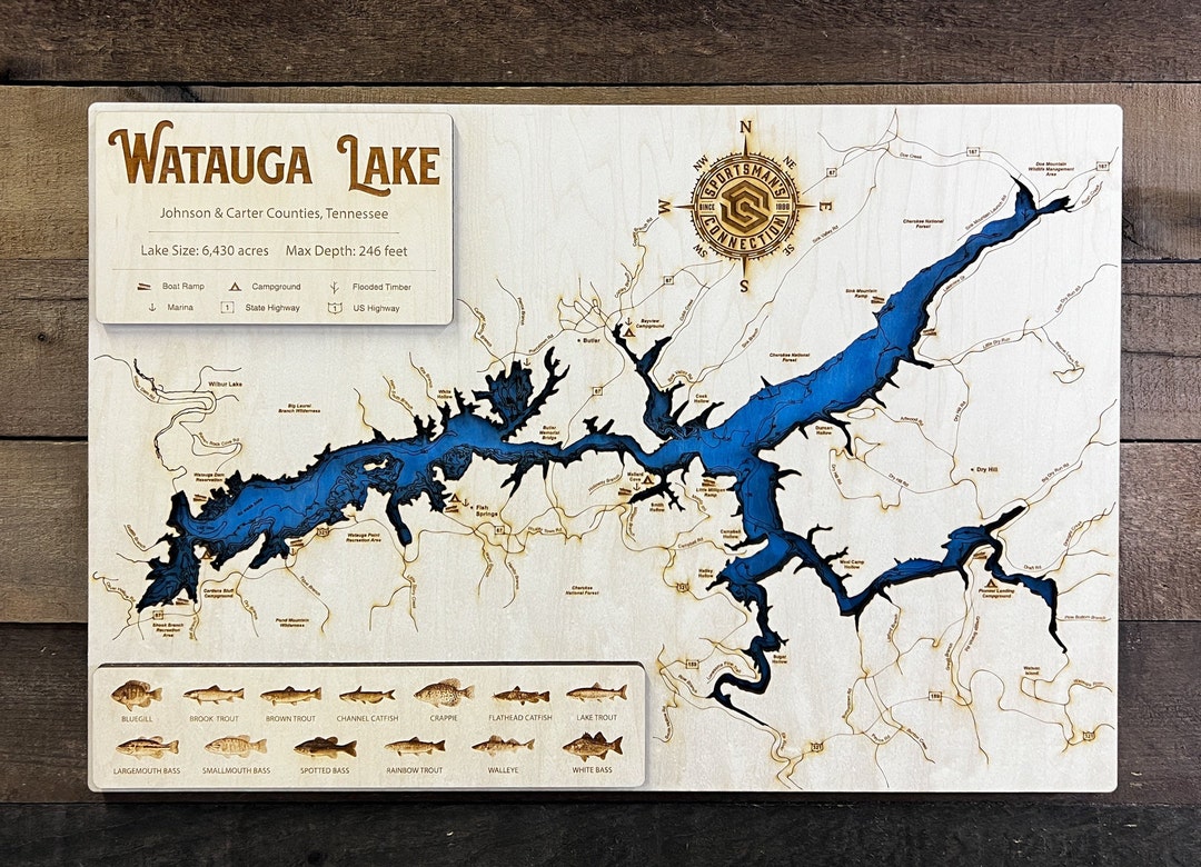 Watauga Lake carter, Johnson Co, TN Wooden Engraved Map, Wall Art, Home ...