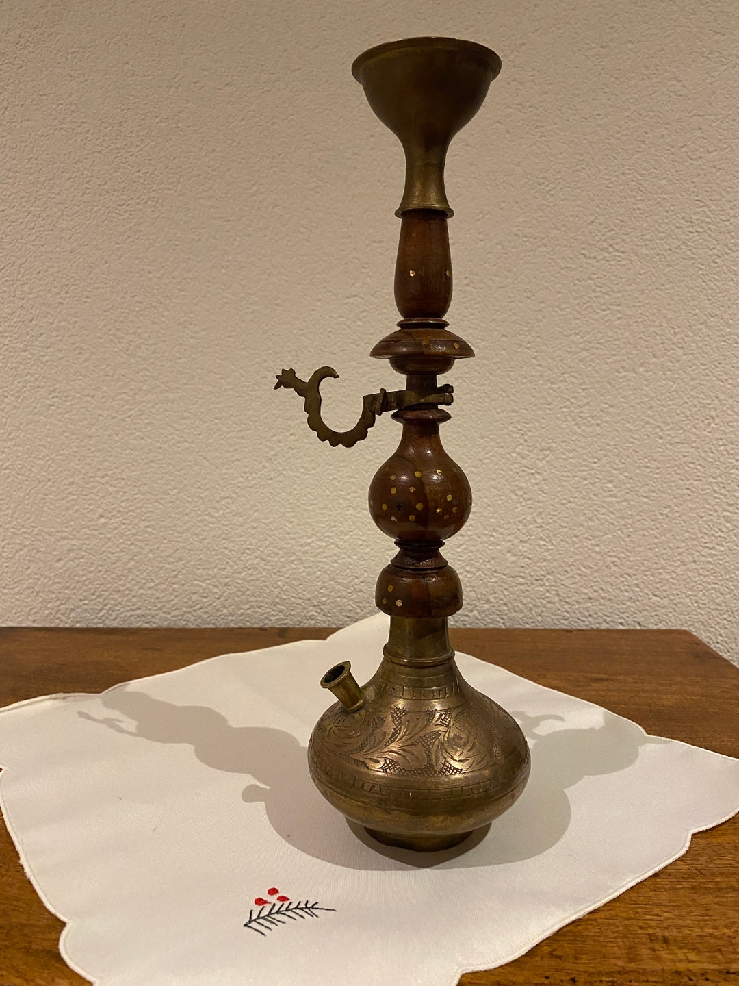 Vintage Islamic Brass & Carved Wood Hookah Nargila || Engraved Motifs ...