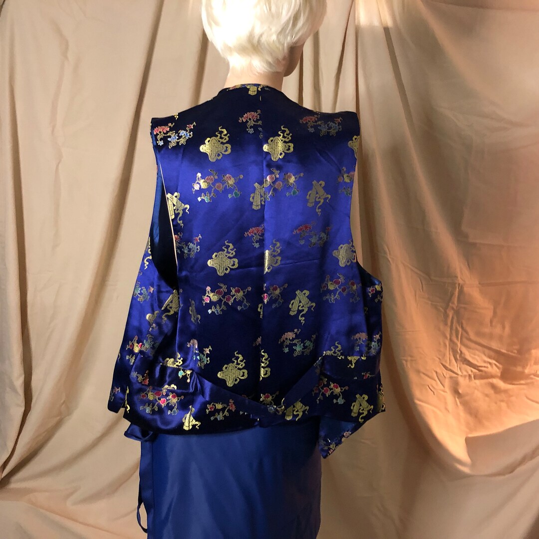 Asian Oriental Design Vest and Cummerbund Blue W Florals & Symbols - Etsy