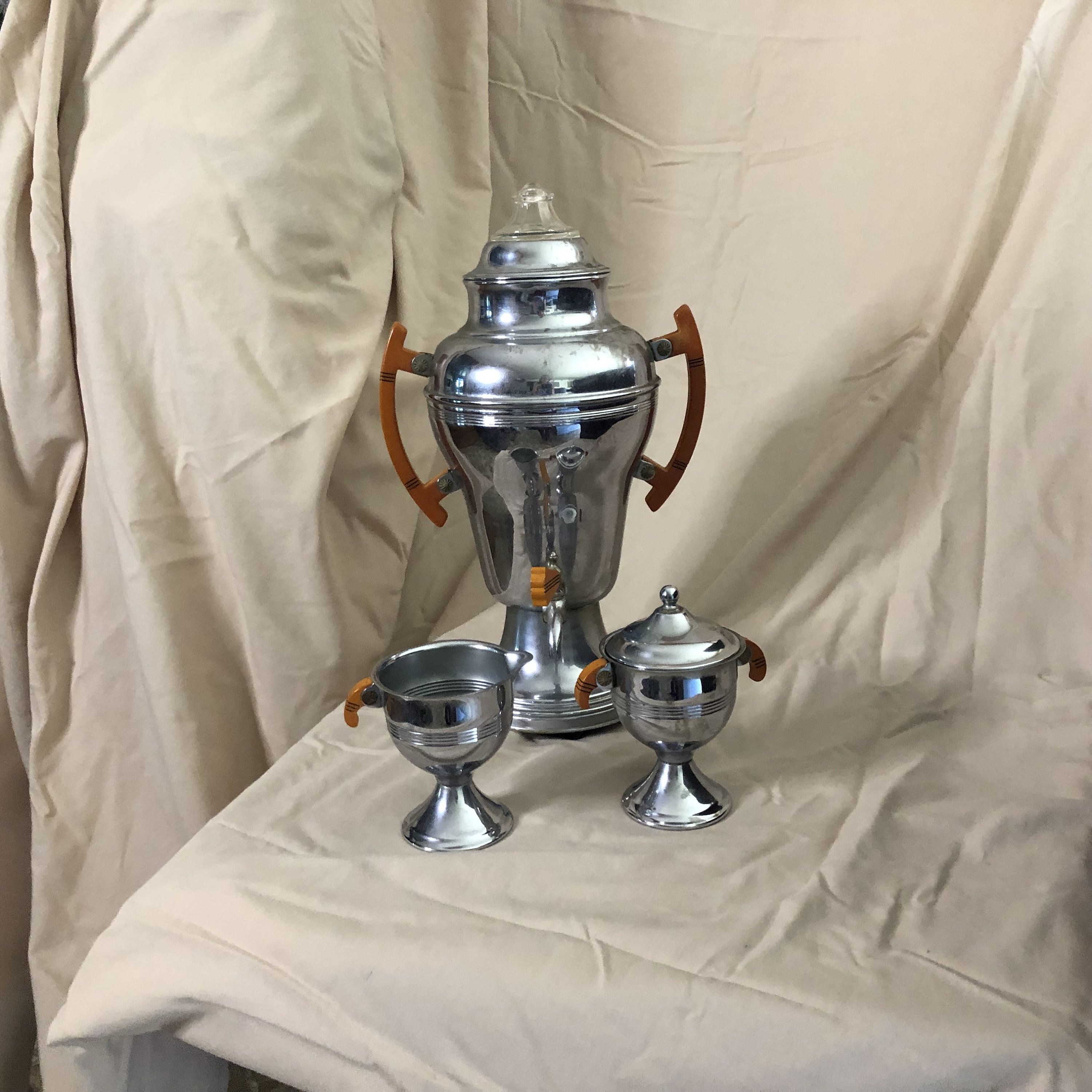 Art Deco Chrome Coffee Percolator Creamer Sugar Bowl Set With Bakelite ...