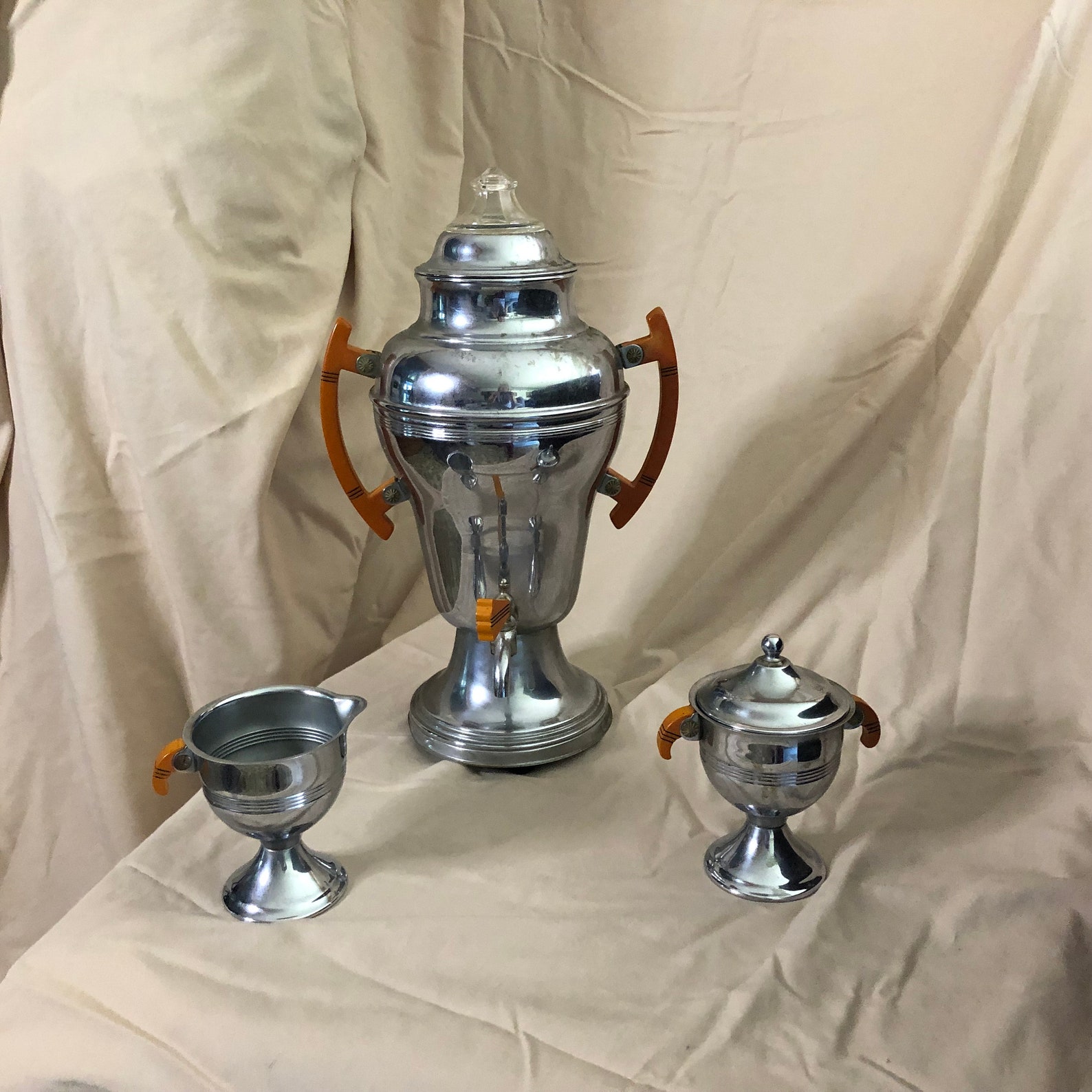 Art Deco Chrome Coffee Percolator Creamer Sugar Bowl Set With Bakelite ...