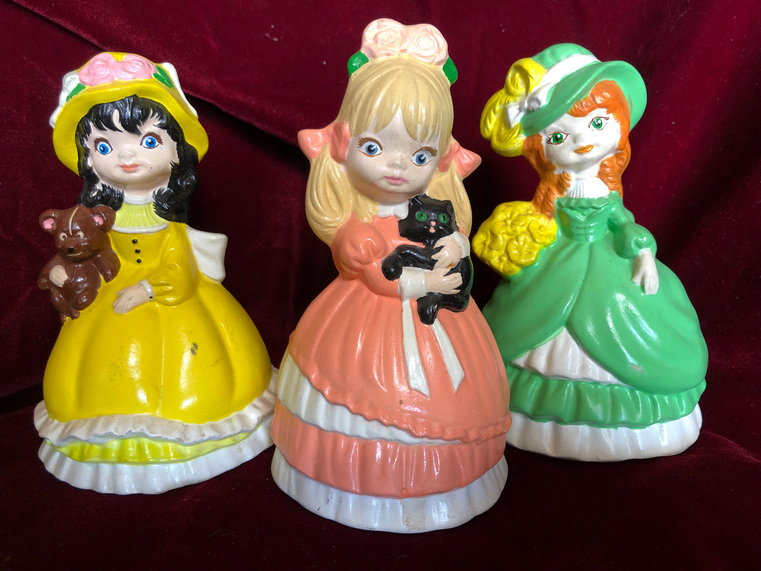 Hand Painted Ceramic Figures Set of 3 Ladies in Yellow, Peach, Green - Etsy