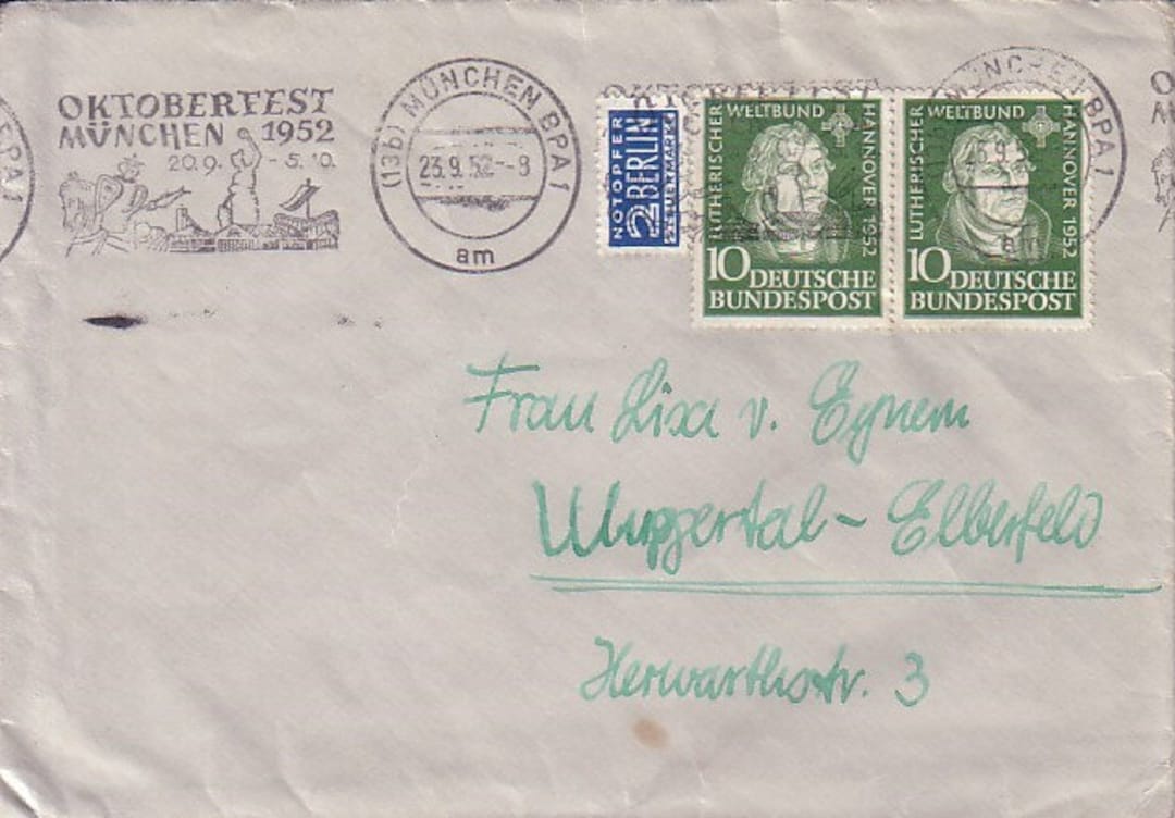 Martin Luther Germany BRD Postage Stamps on Letter With Postmark Oktoberfest Munich 1952 - Etsy