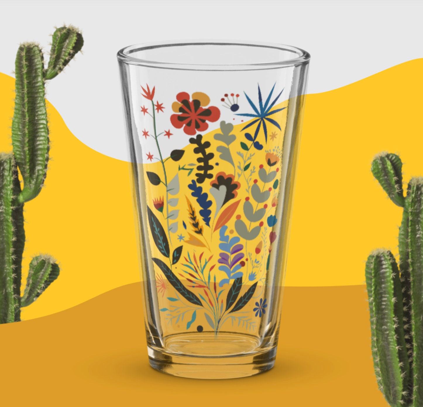 Mexican Otomi-inspired Pint Glass: Colorful Plants and Flowers on High ...