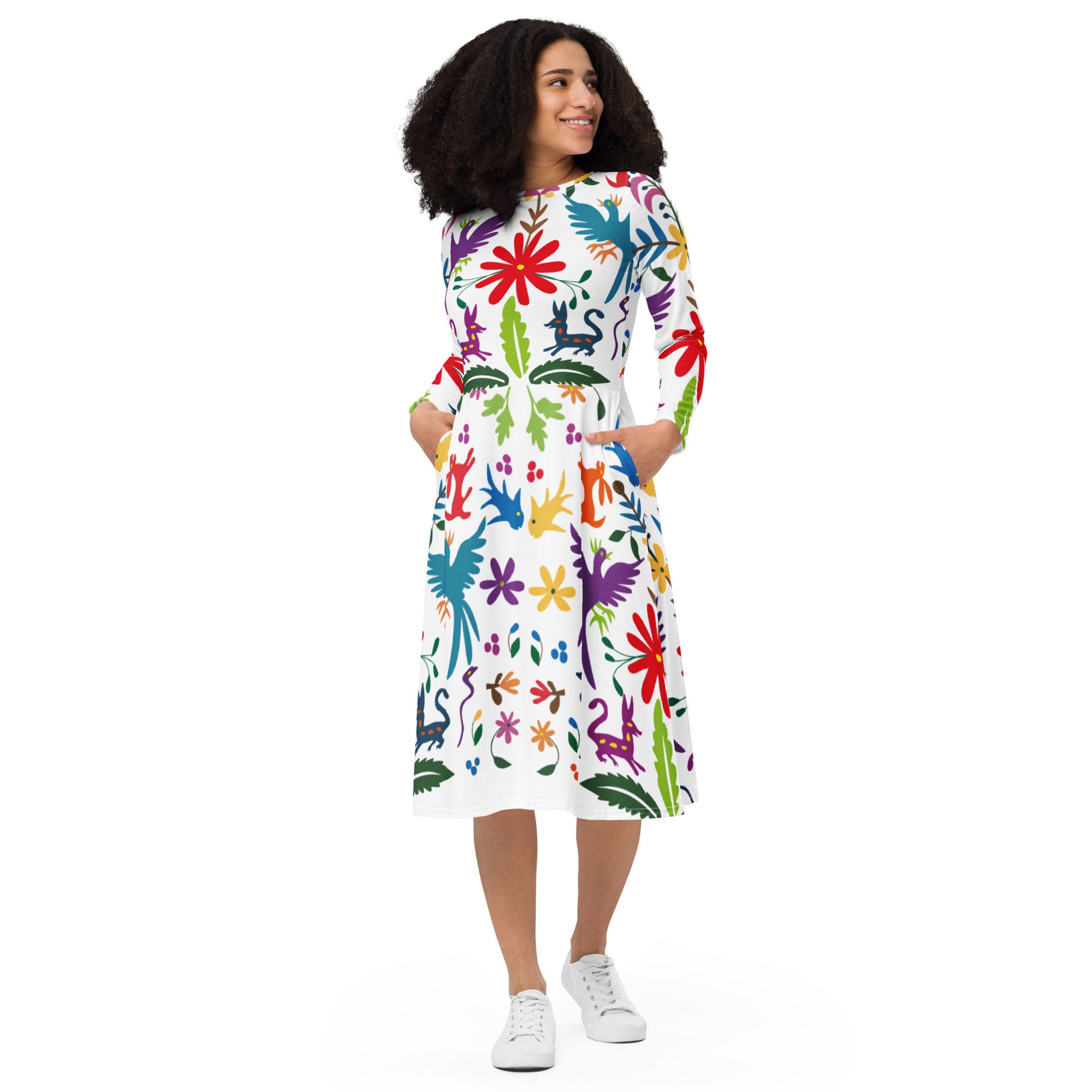 White Otomi Mexican Midi Dress - Long Sleeve Summer Dress With Pockets ...