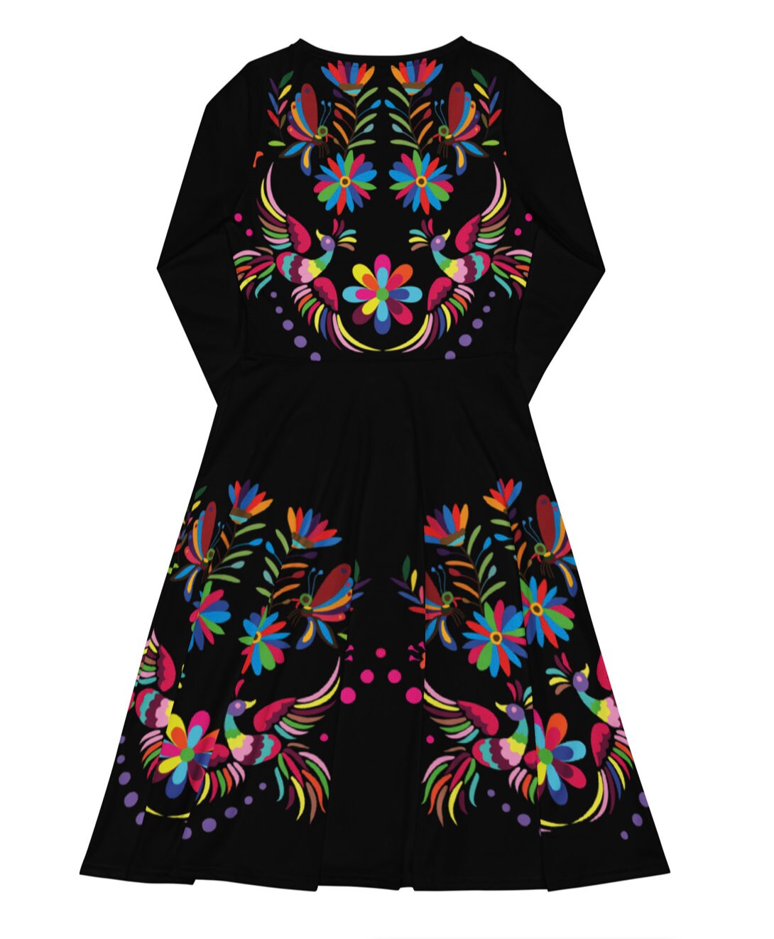 Premium Black Otomi Style Mexican Long Dress Midi Long Sleeve Dress ...