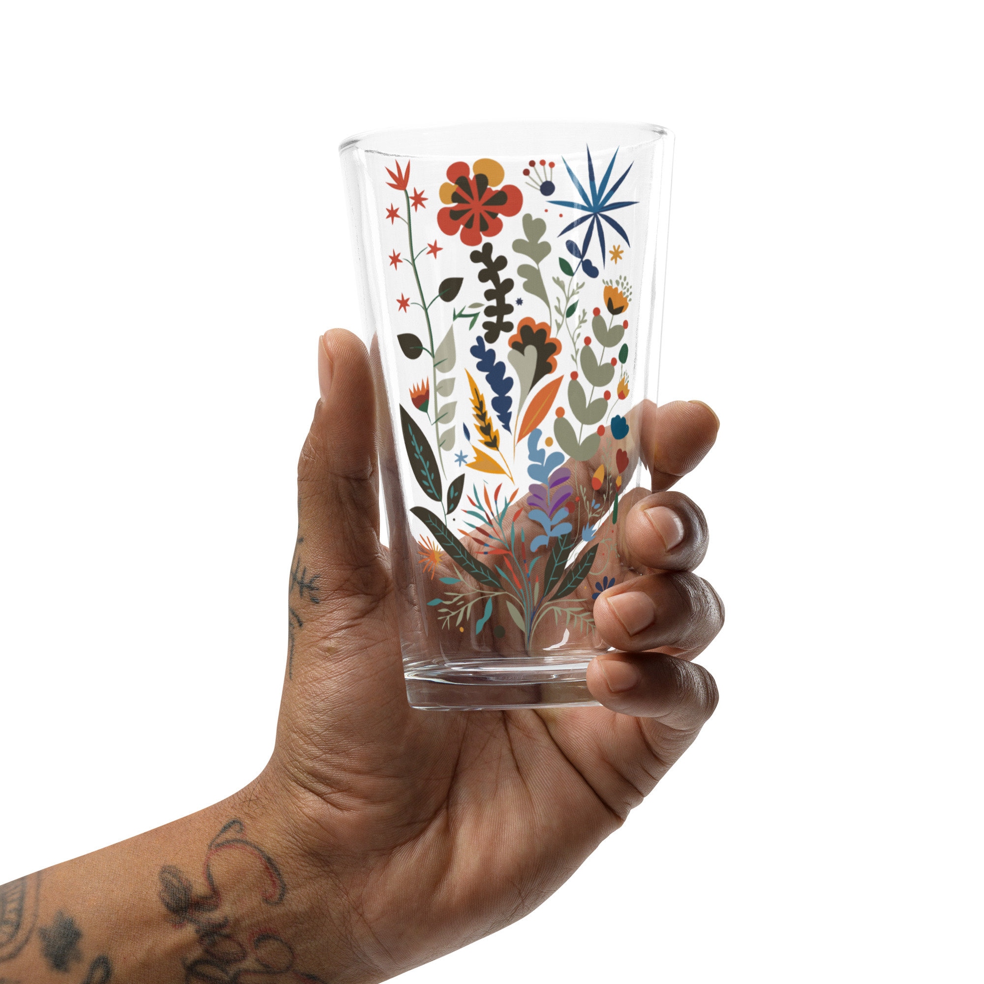 Mexican Otomi-inspired Pint Glass: Colorful Plants and Flowers on High ...