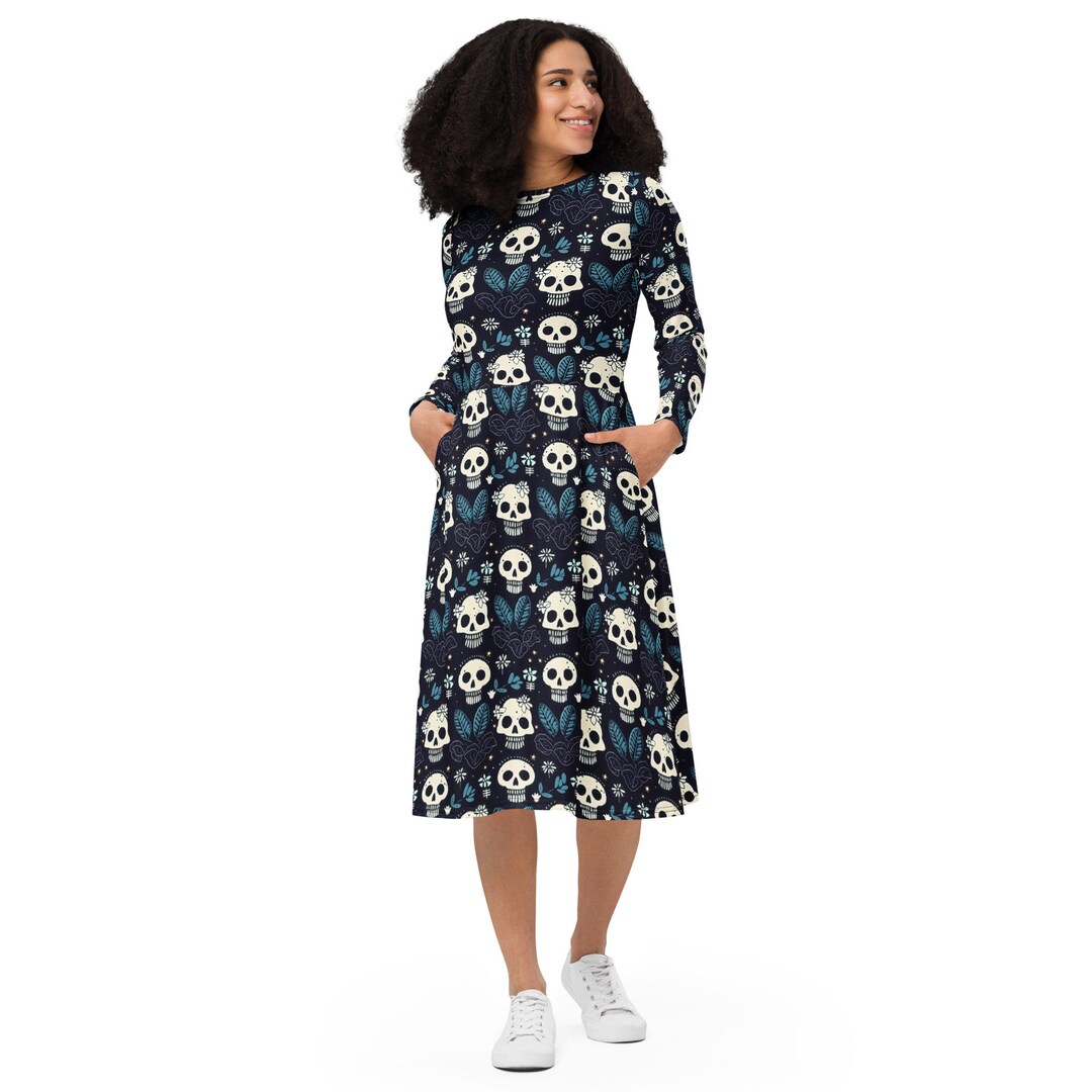 Skeleton Skull All-over Print Long Sleeve Midi Dress Day of the Dead ...