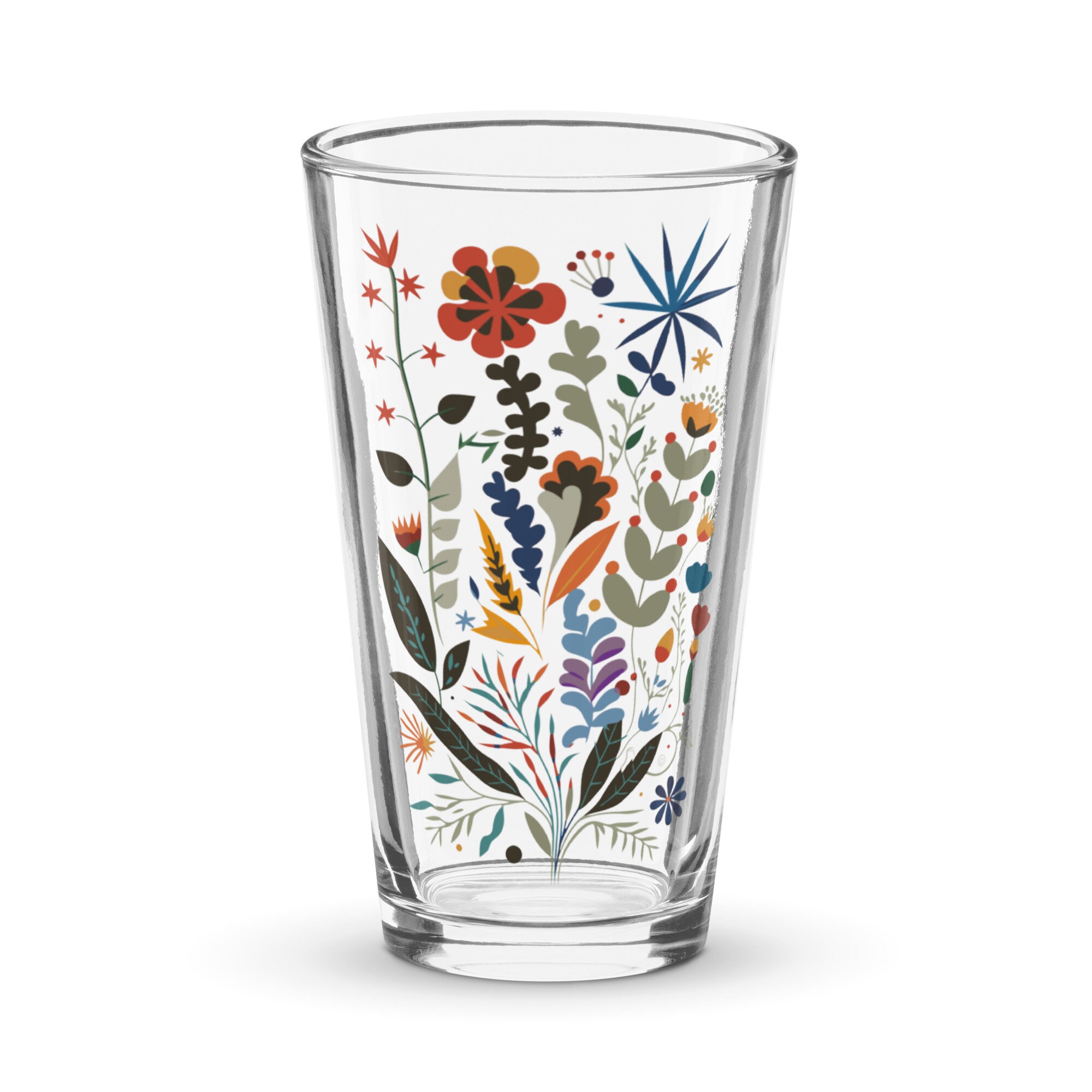 Mexican Otomi-inspired Pint Glass: Colorful Plants and Flowers on High ...