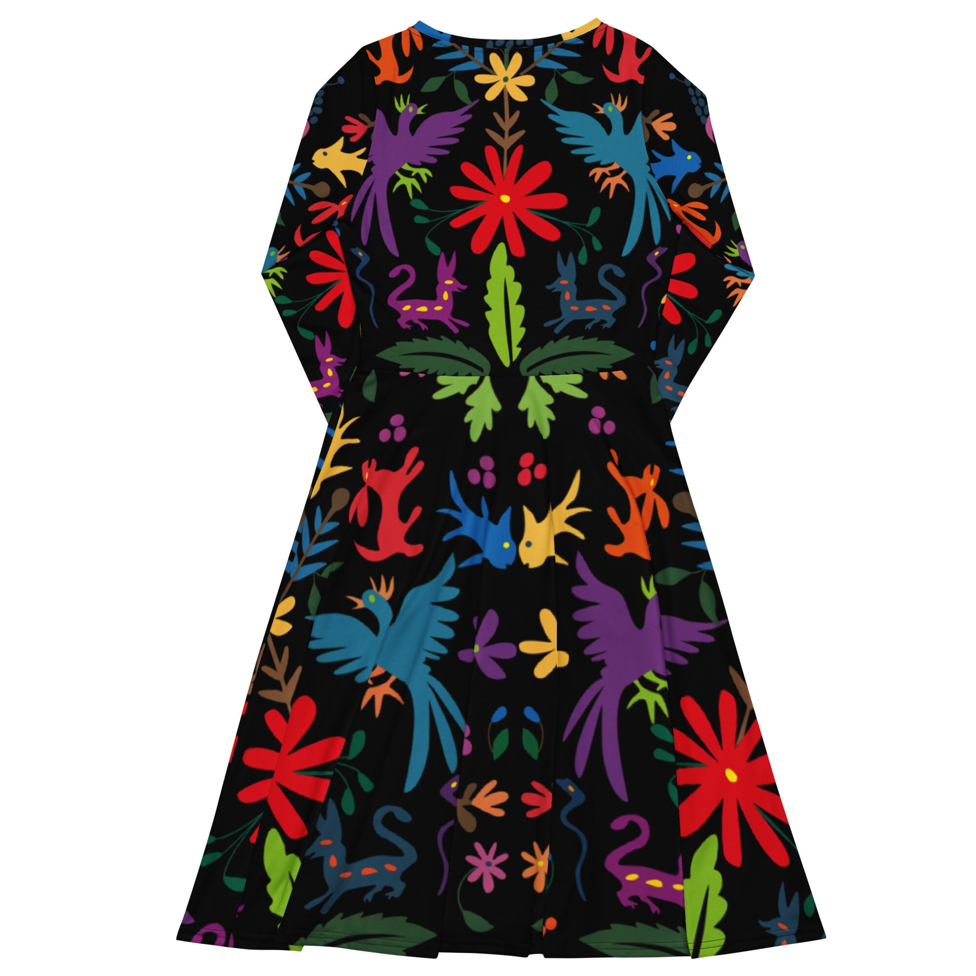 Premium Black Otomi-style Mexican Long Dress - Midi Long Sleeve Dress ...