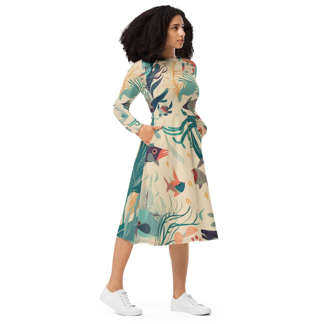 Cream Sea Life Mexican Dress Summer Long Sleeve Midi Dress Long Baggy ...