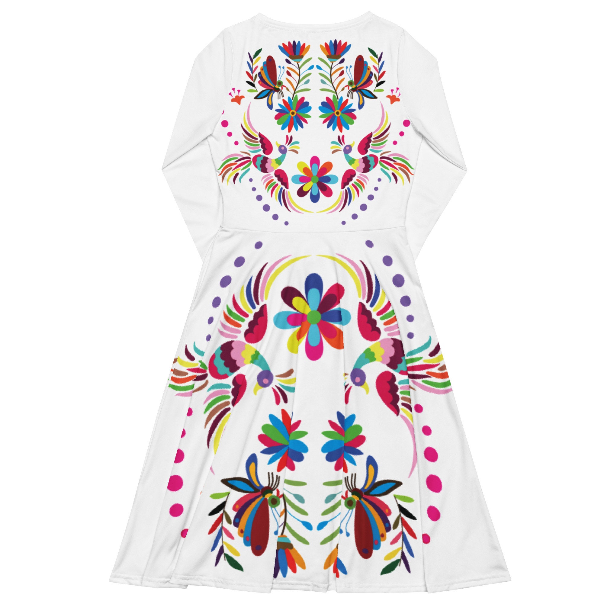 White Otomi Mexican Midi Dress Long Sleeve Summer Dress With Pockets ...