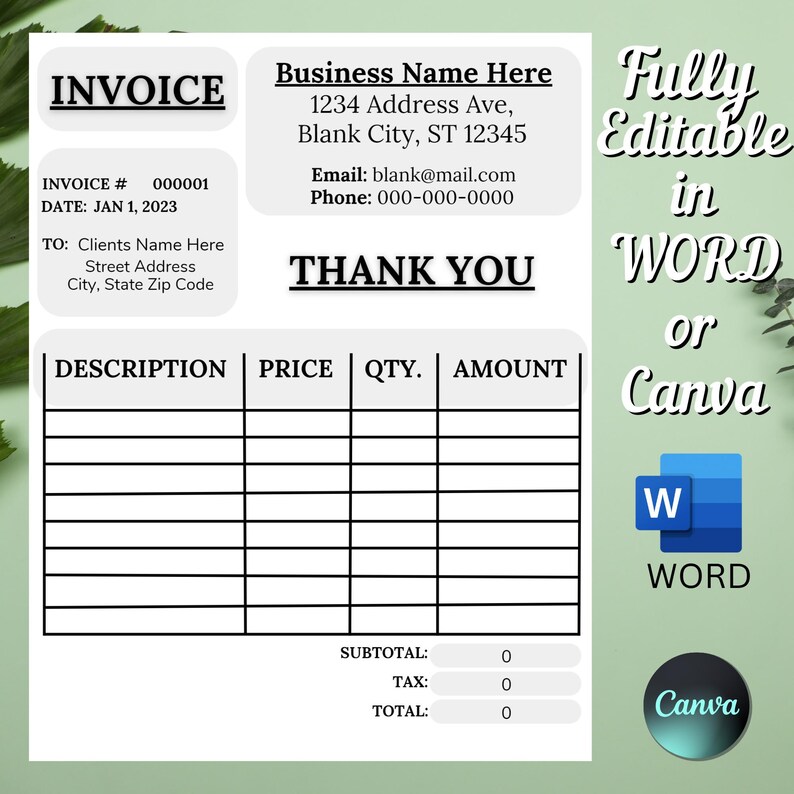 Invoice Template Fully Editable - EDIT in WORD or CANVA - Etsy